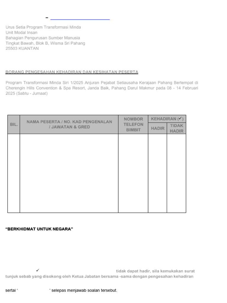 Lampiran 2 Pengesahan Kehadiran Dan Kesihatan (Mohon Hantar Melalui ...