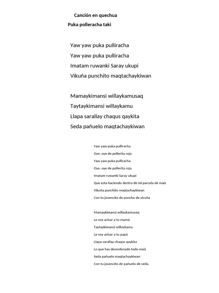Yaw Yaw Puka Pulliracha - Canción Quechua | PDF