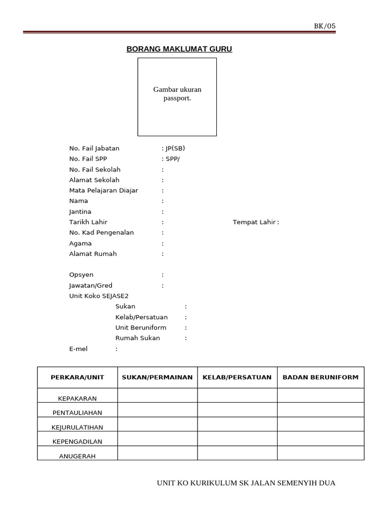 Borang Maklumat Guru Koko | PDF
