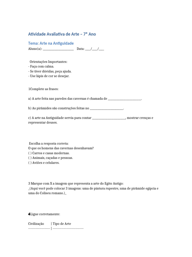 Atividade Avaliativa Arte Antiguidade 7ano | PDF