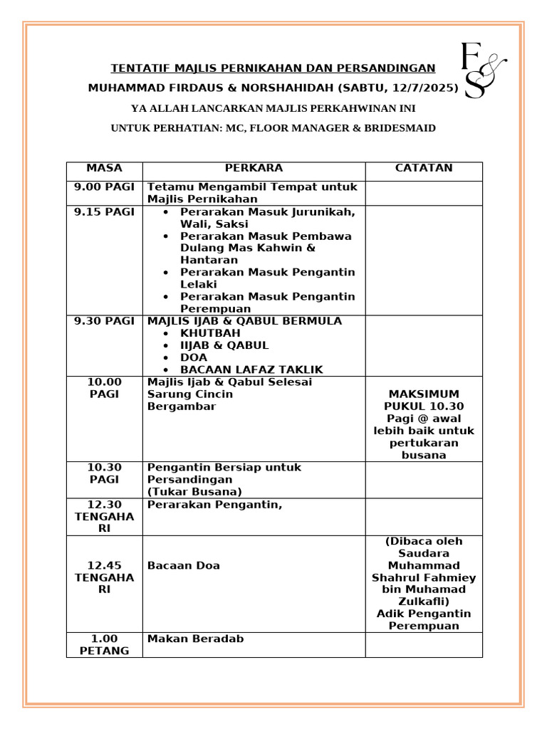 Tentatif Majlis Pernikahan Dan Persandingan | PDF
