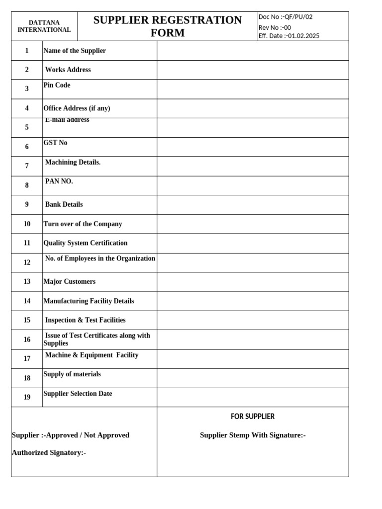 Supplier Registration Form - Dattana International | PDF