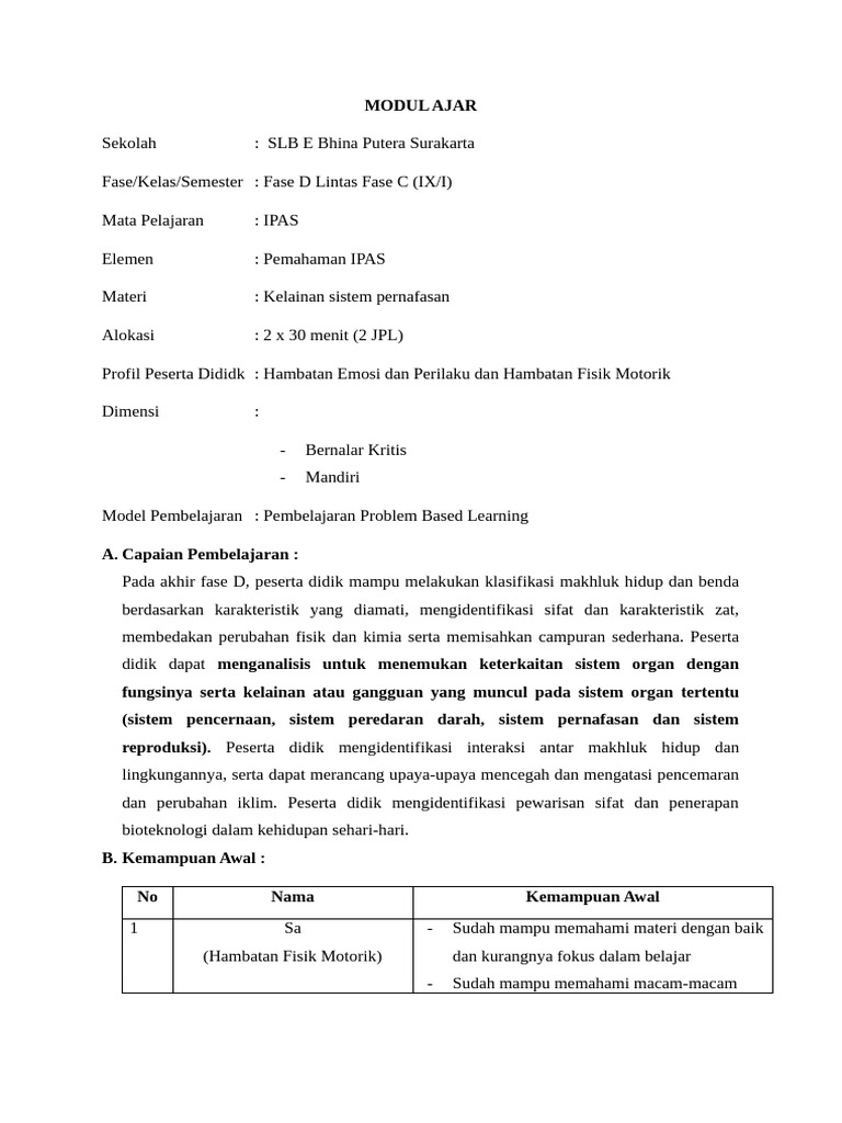 Modul Ajar SMPLB KELAS 9 | PDF