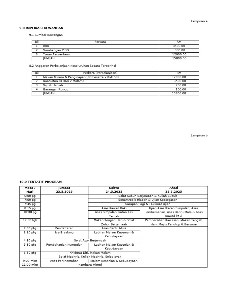 Jadual Aktiviti & Implikasi Kewangan Perkhemahan Pasukan Badan Beruniform | PDF