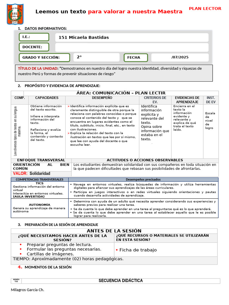 SESION PLAN LECTOR Leemos Un Texto para Valorar A Nuestra Maestra | PDF ...