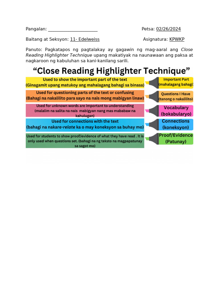 Aktibiti Close Reading Highlighter | PDF