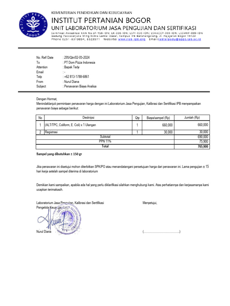 Penawaran Biaya Uji Lab IPB | PDF