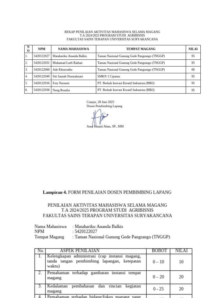 Penilaian Magang DPL Asep Saepul Alam | PDF