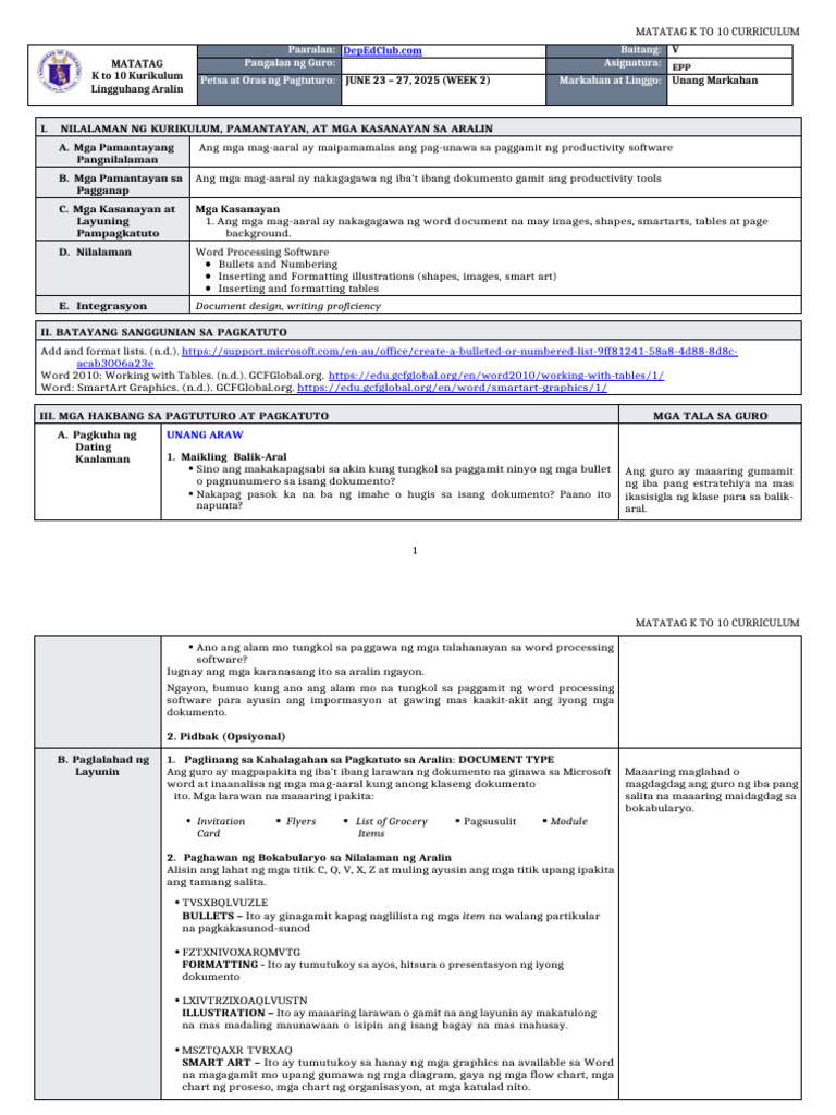 DLL Matatag - Epp 5 q1 w2 | PDF