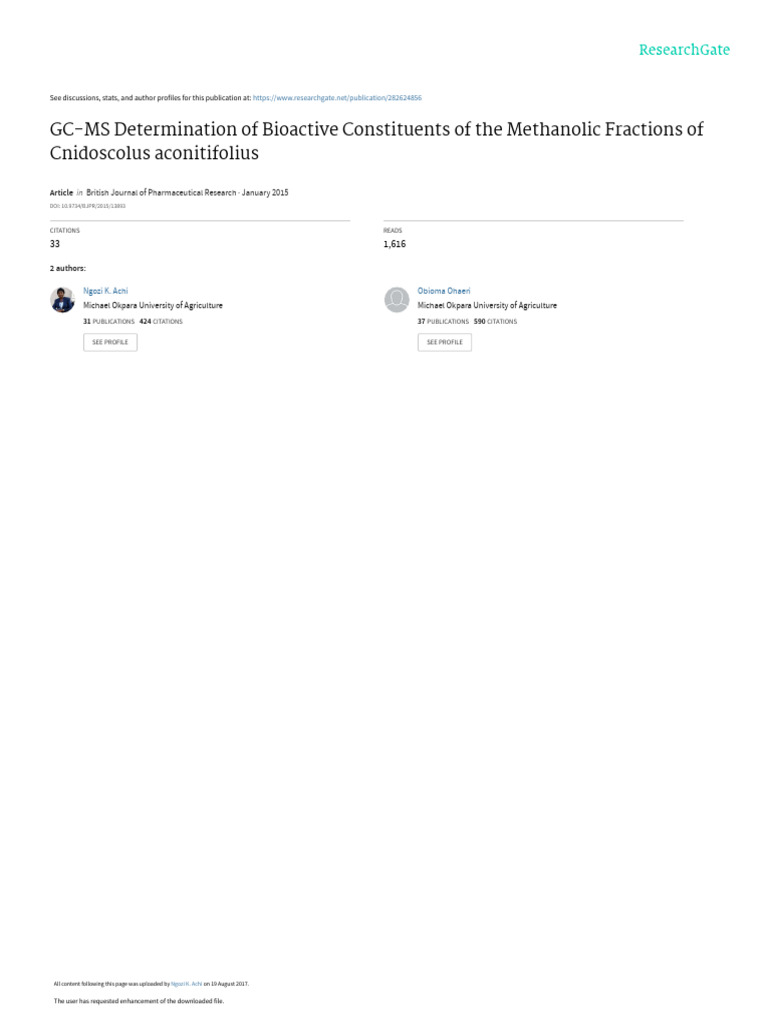 GC-MS Determination of Bioactive Constituents of The Methanolic Fractions of Cnidoscolus ...
