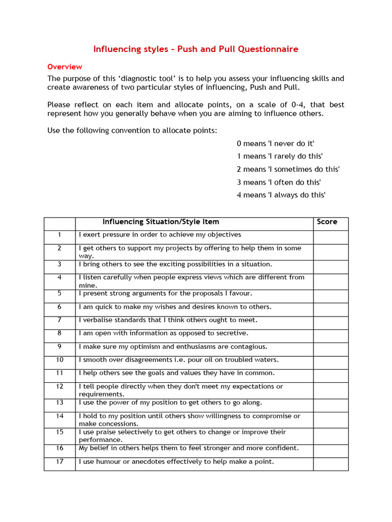 Push and Pull Influencing Styles Quiz | PDF | Intention | Cognition
