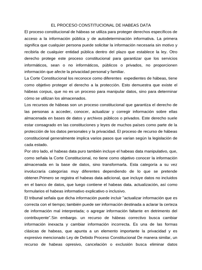 El Proceso Constitucional de Habeas Data | PDF | Bases de datos | Justicia