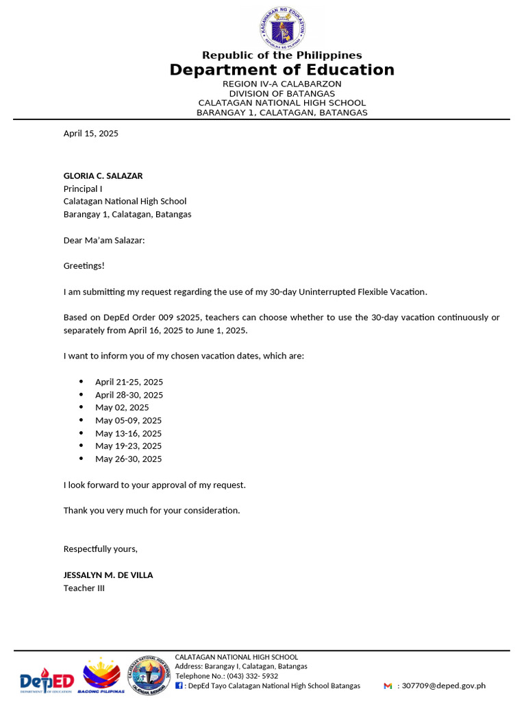 Letter Uninterrupted Vacation | PDF