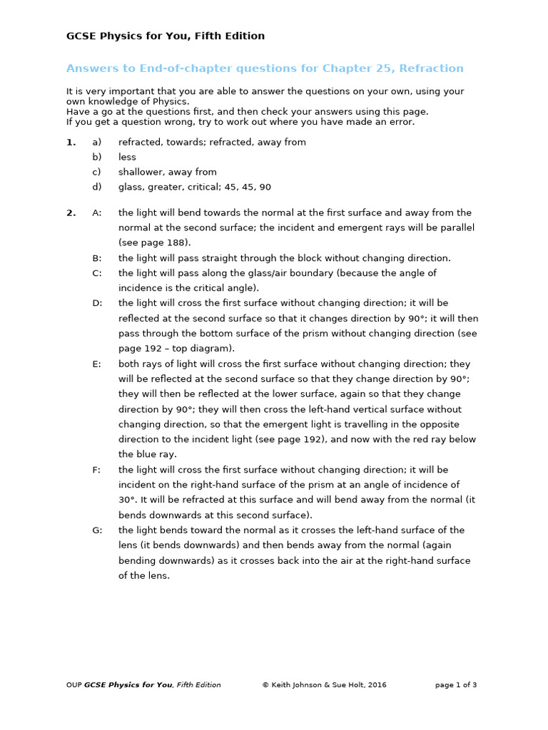 Refraction Answers for GCSE Physics | PDF | Refraction | Optics