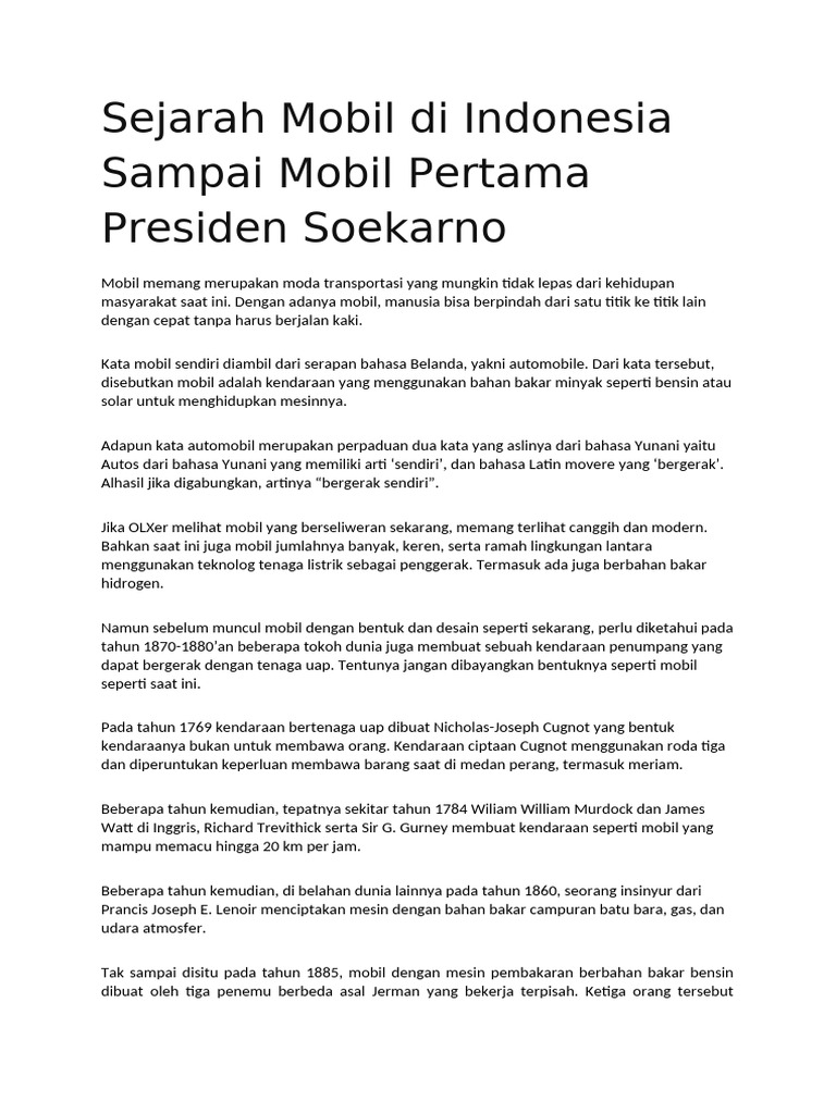 Sejarah Mobil Di Indonesia Sampai Mobil Pertama Presiden Soekarno | PDF