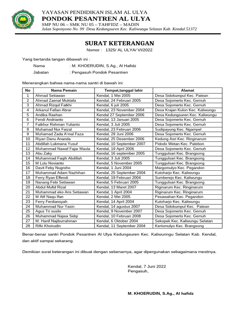 Surat Keterangan Santri 22 | PDF