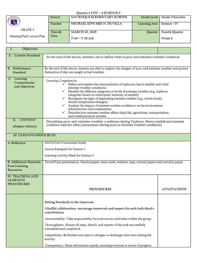 Q4 COT DLP Science 4 WK 6 - Safety Precautions During Extreme and Poor Weather Condition | PDF ...