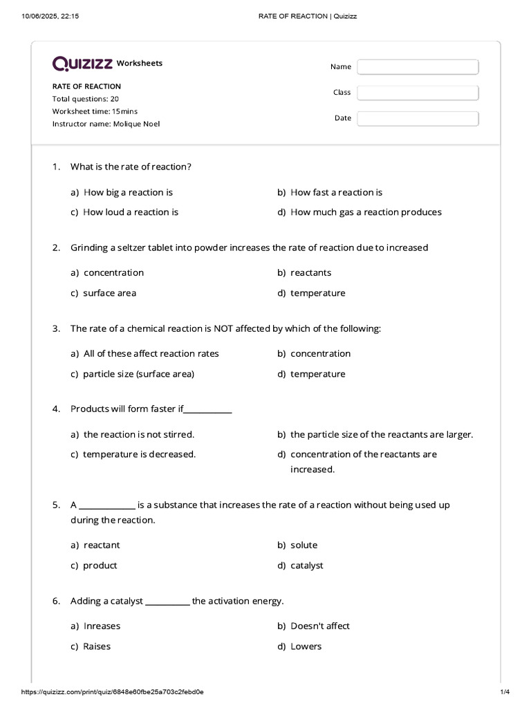 Rate of Reaction - Quizizz | PDF | Reaction Rate | Chemical Kinetics