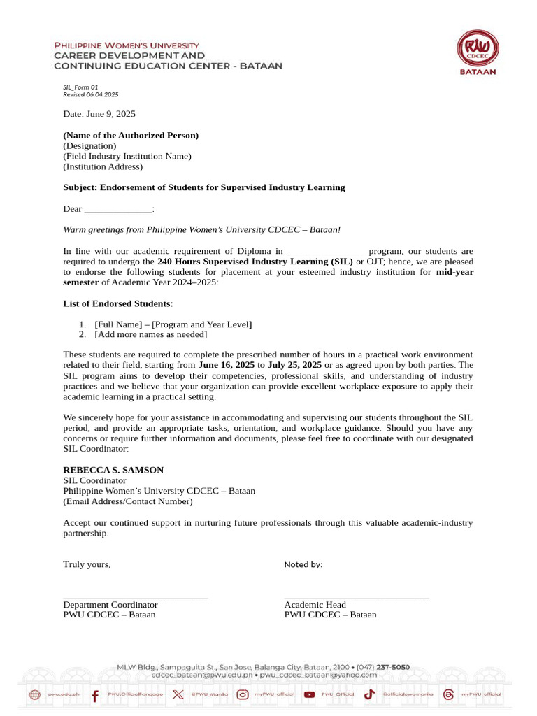 Student Endorsement for SIL Program | PDF | Knowledge | Skill