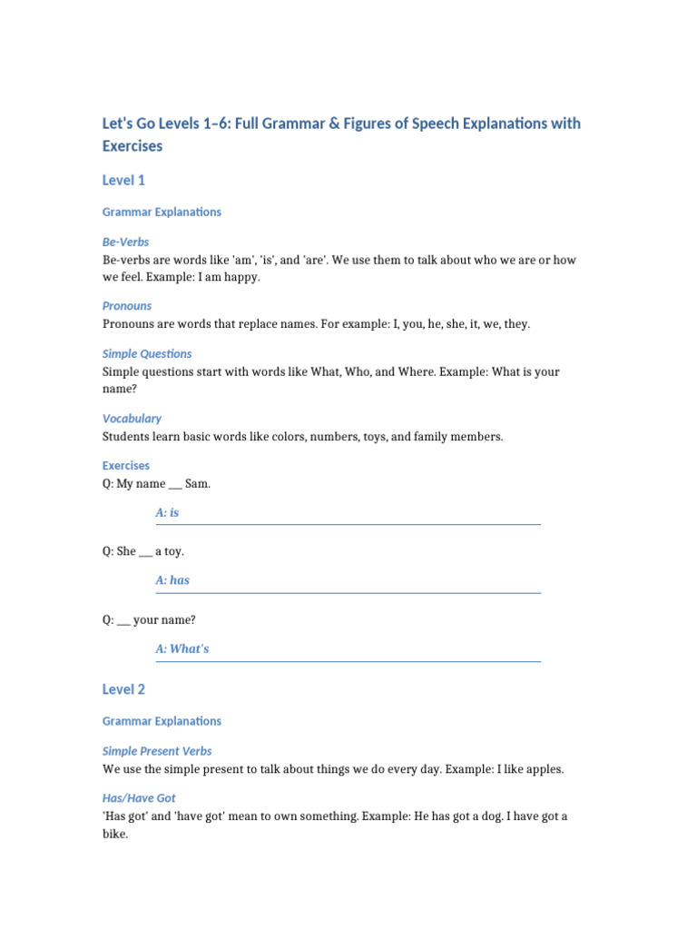 LetsGo Detailed Grammar and Figures Level1 To 6 | PDF
