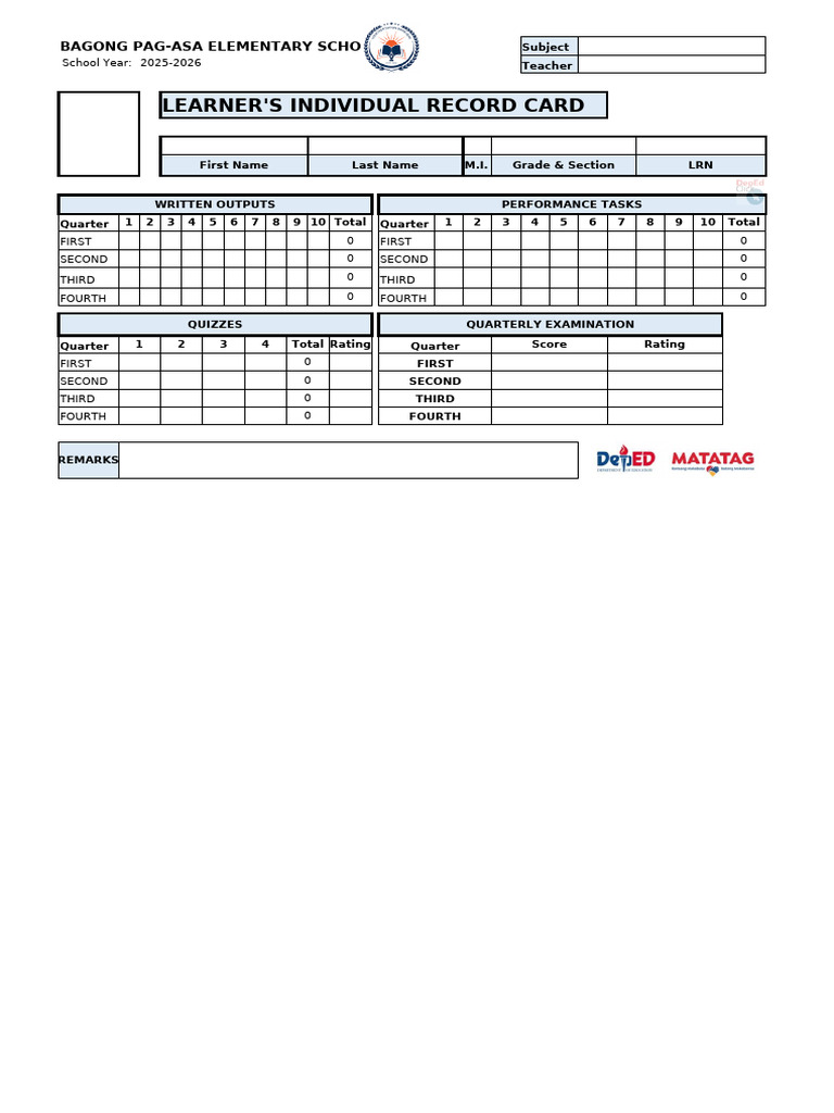 Learner's Individual Record Card (Excel) | PDF