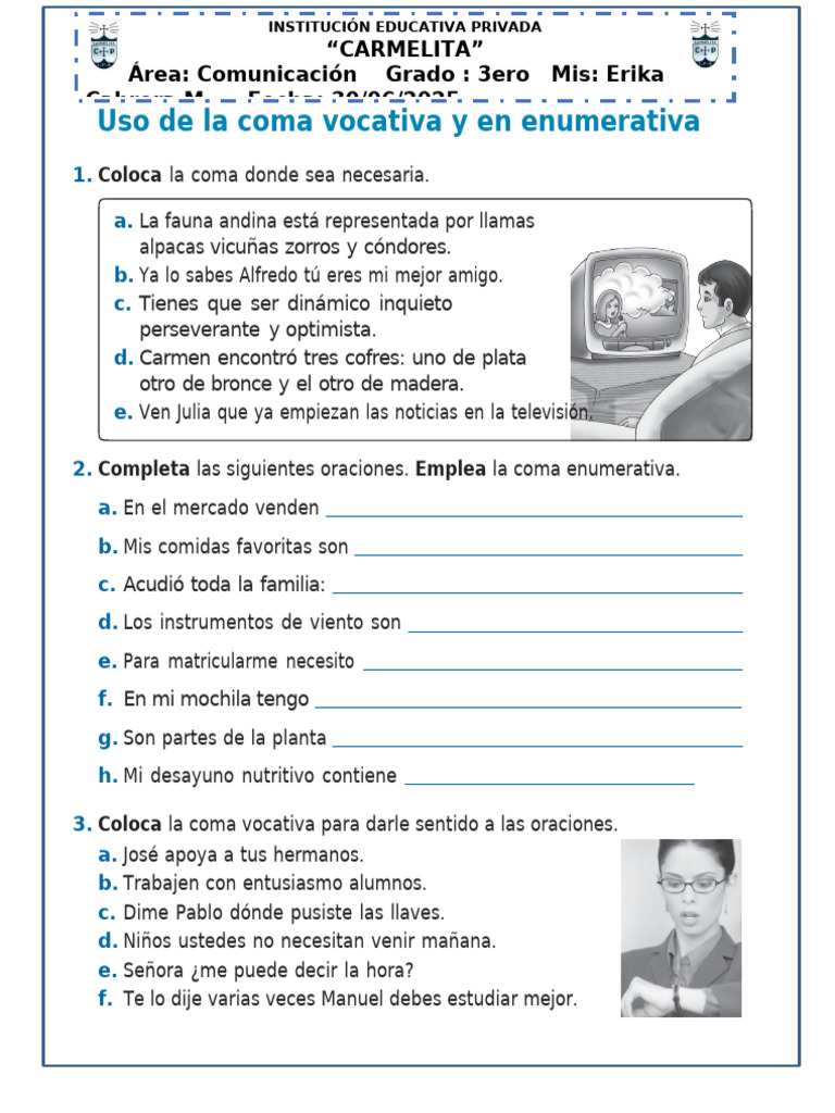 Comas enumerativas y vocativas para 3er grado | PDF