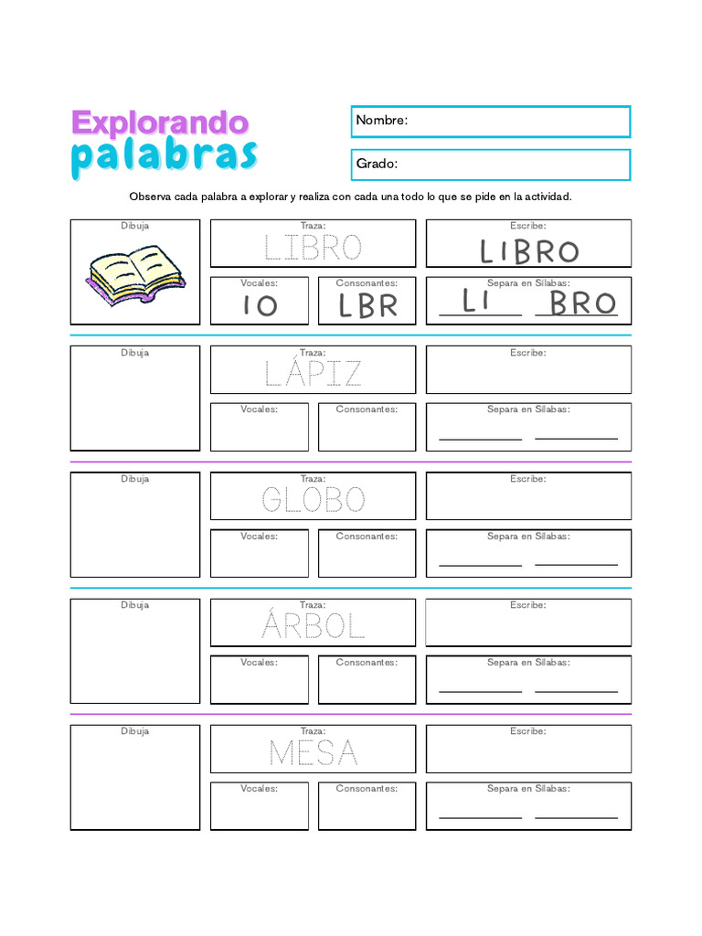 Hoja de Trabajo Explorando Palabras, Sencillo Color Morado y Azul | PDF ...