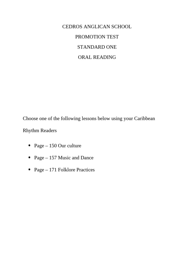 Standard One Oral Reading Test | PDF
