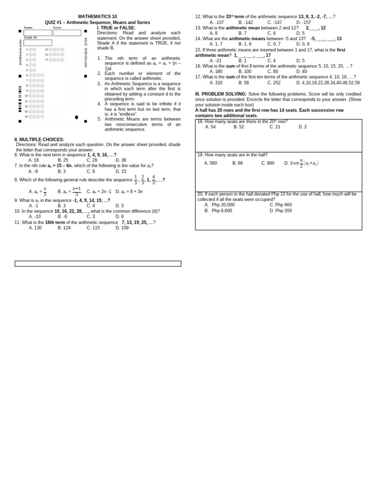 Q1 Quiz 1 Arithmetic Sequence Means and Series | PDF | Arithmetic | Mathematics
