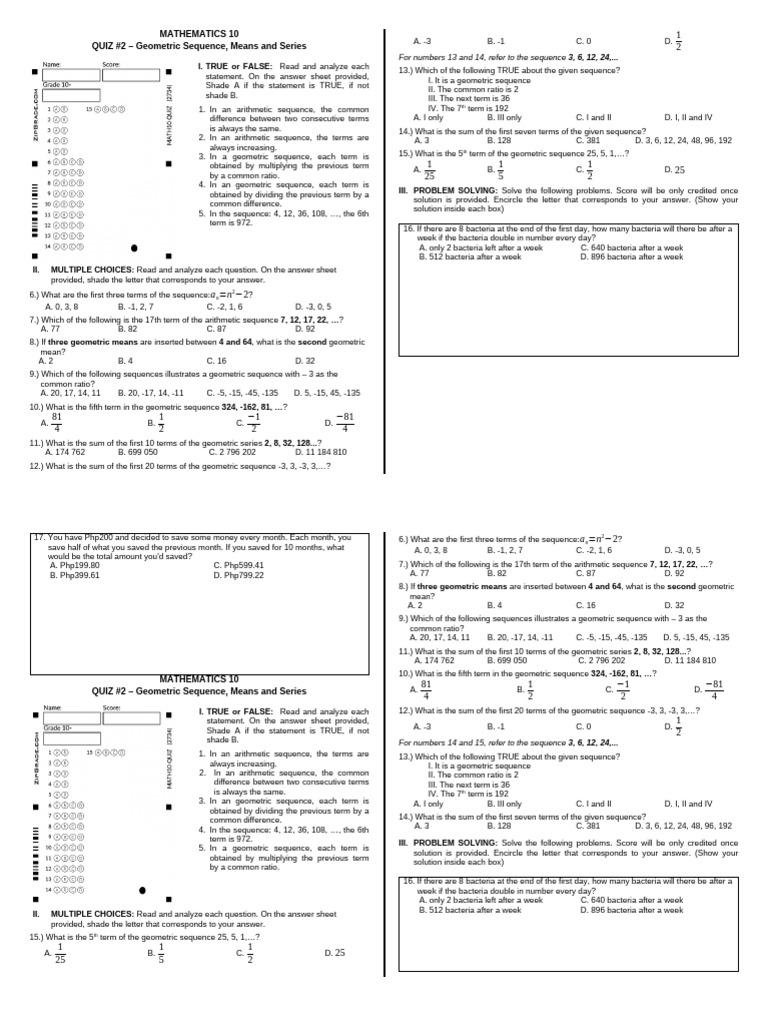 Q1 Quiz 2 Geometric Sequence | PDF | Arithmetic | Ratio