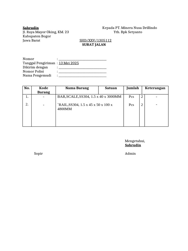 Contoh Surat Jalan Barang | PDF