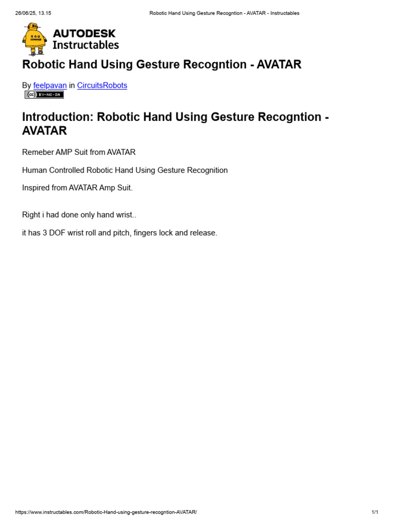 Robotic Hand Using Gesture Recogntion - AVATAR - Instructables | PDF