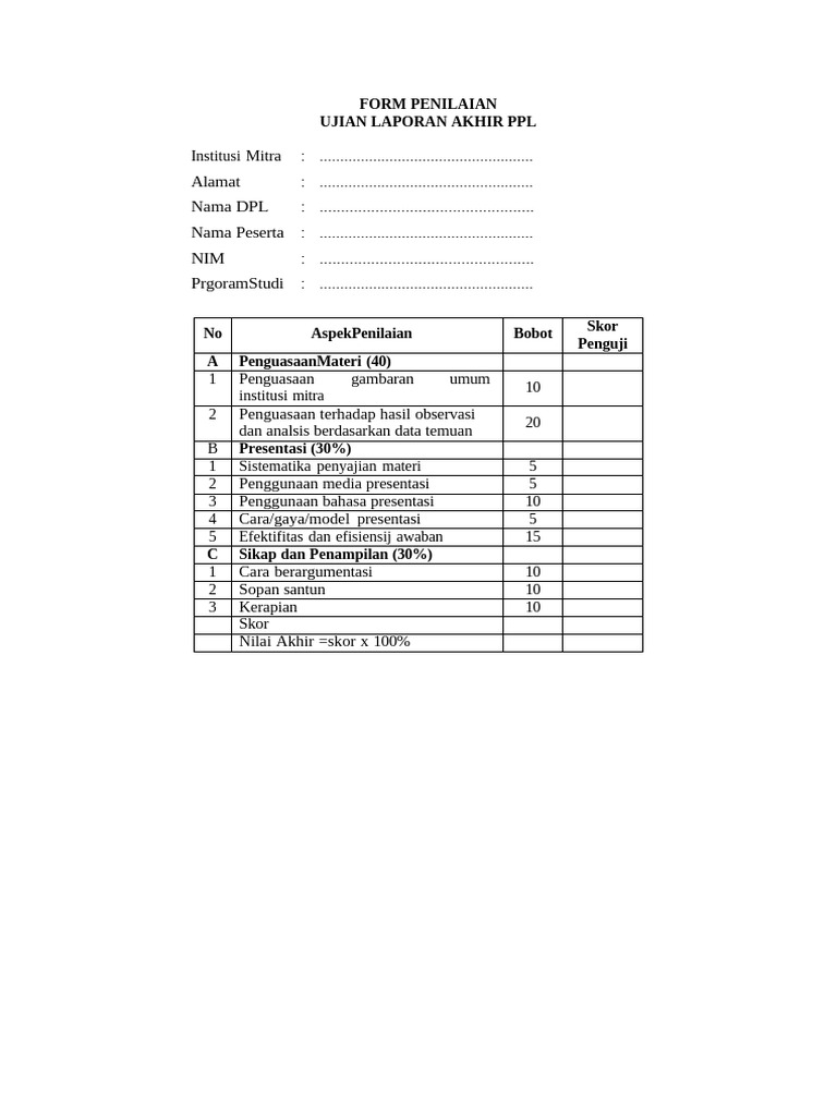 Form Penilaian Ujian PPL Akhir | PDF
