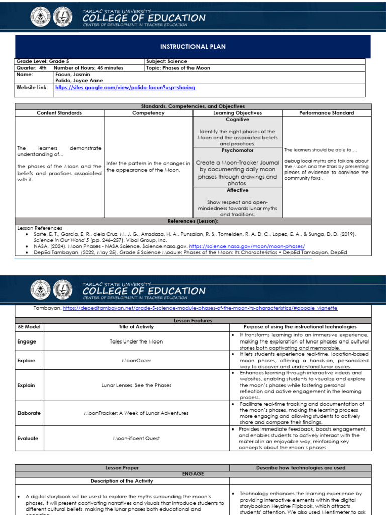 Sample Instructional Plan | PDF | Moon | Educational Technology