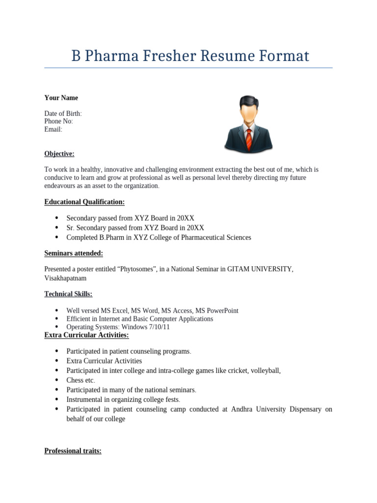 B Pharma Fresher Resume Template | PDF