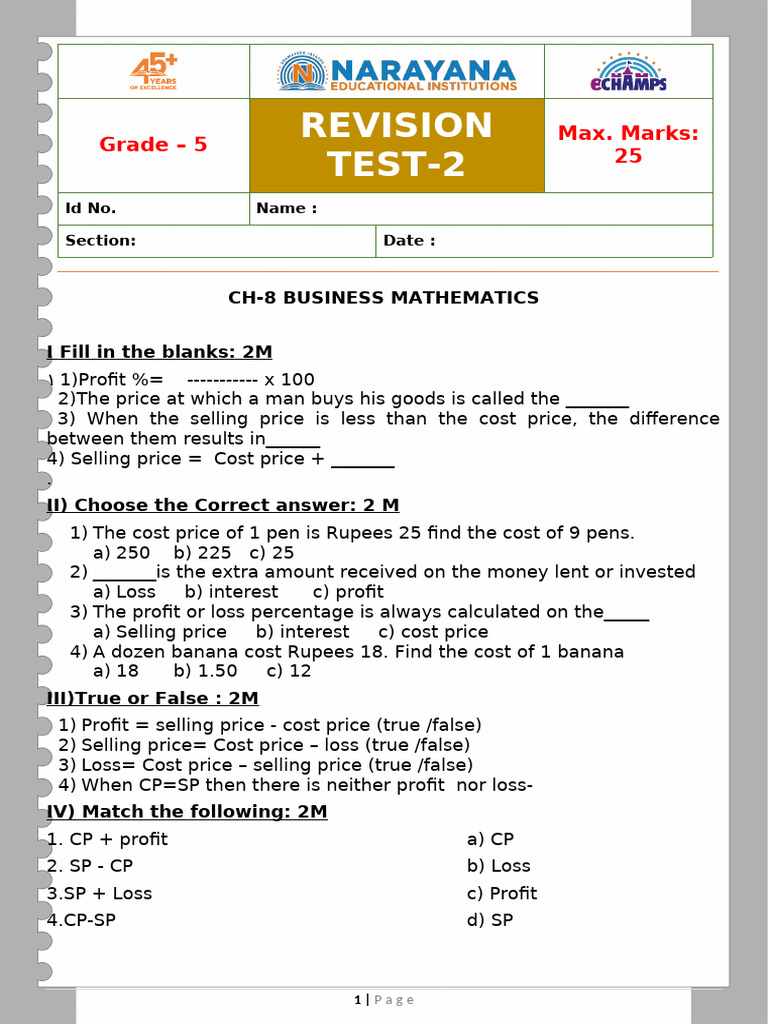 Grade 5 Math Test2 Business Mathematics | PDF | Prices | Interest