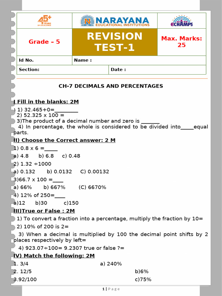 Class 5 Decimals and Percentages Test | PDF