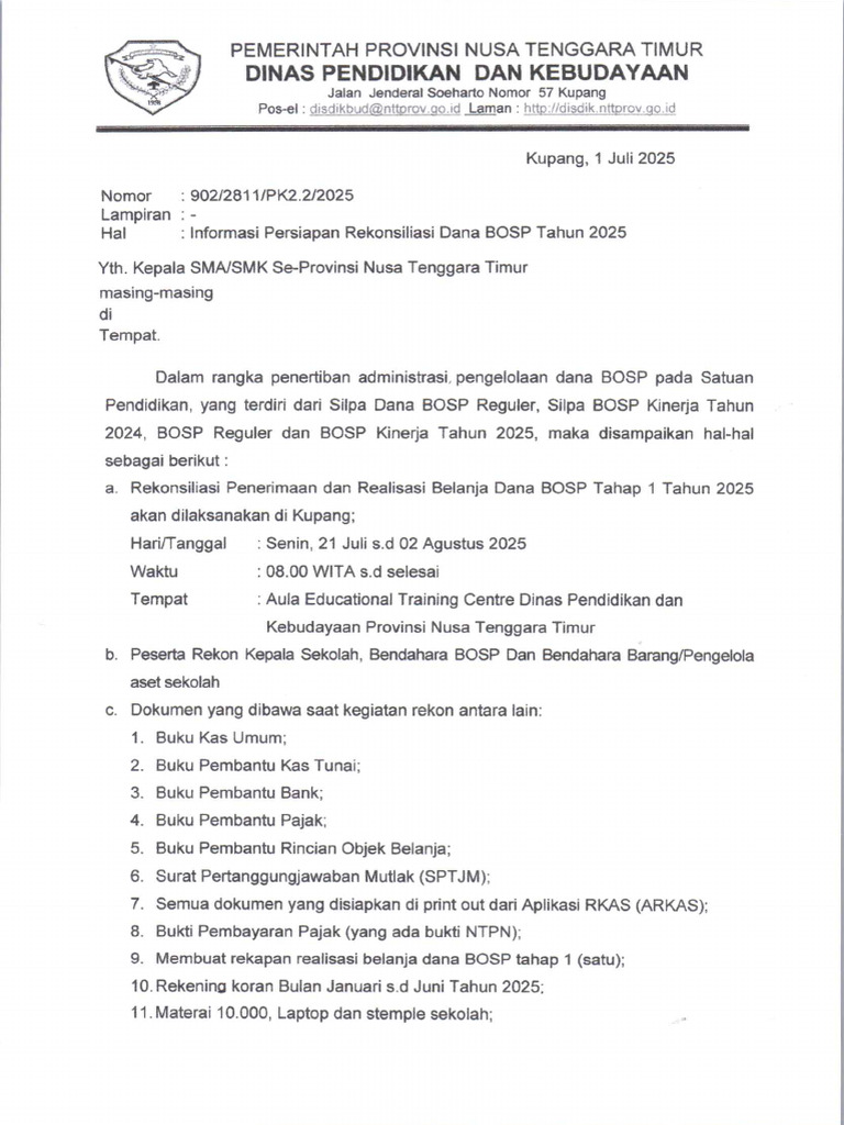 Surat Informasi Persiapan Rekonsiliasi Dana BOSP Tahun 2025 | PDF