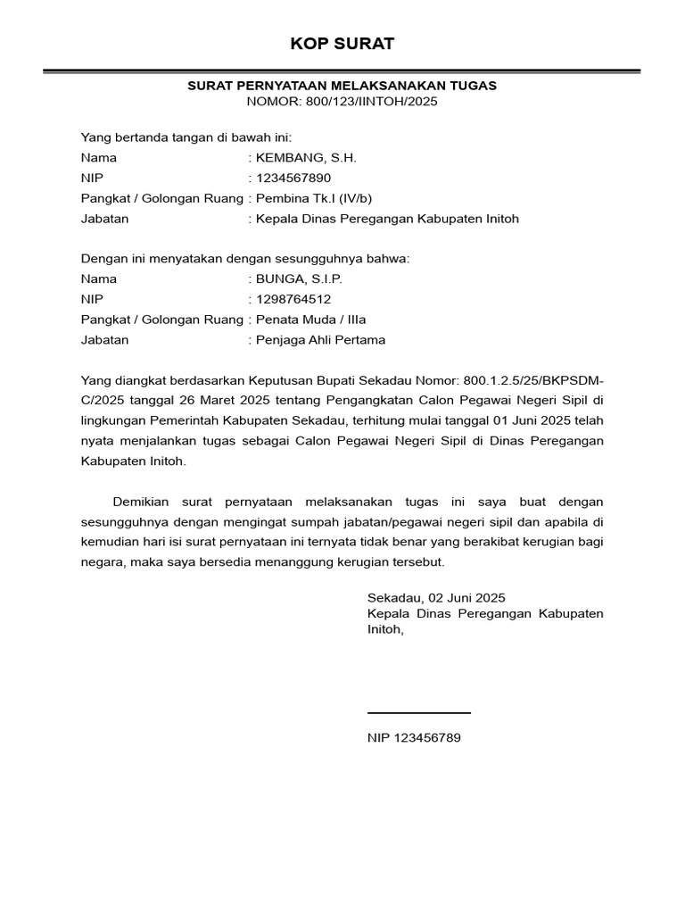 Surat Pernyataan Tugas ASN Kabupaten Initoh | PDF
