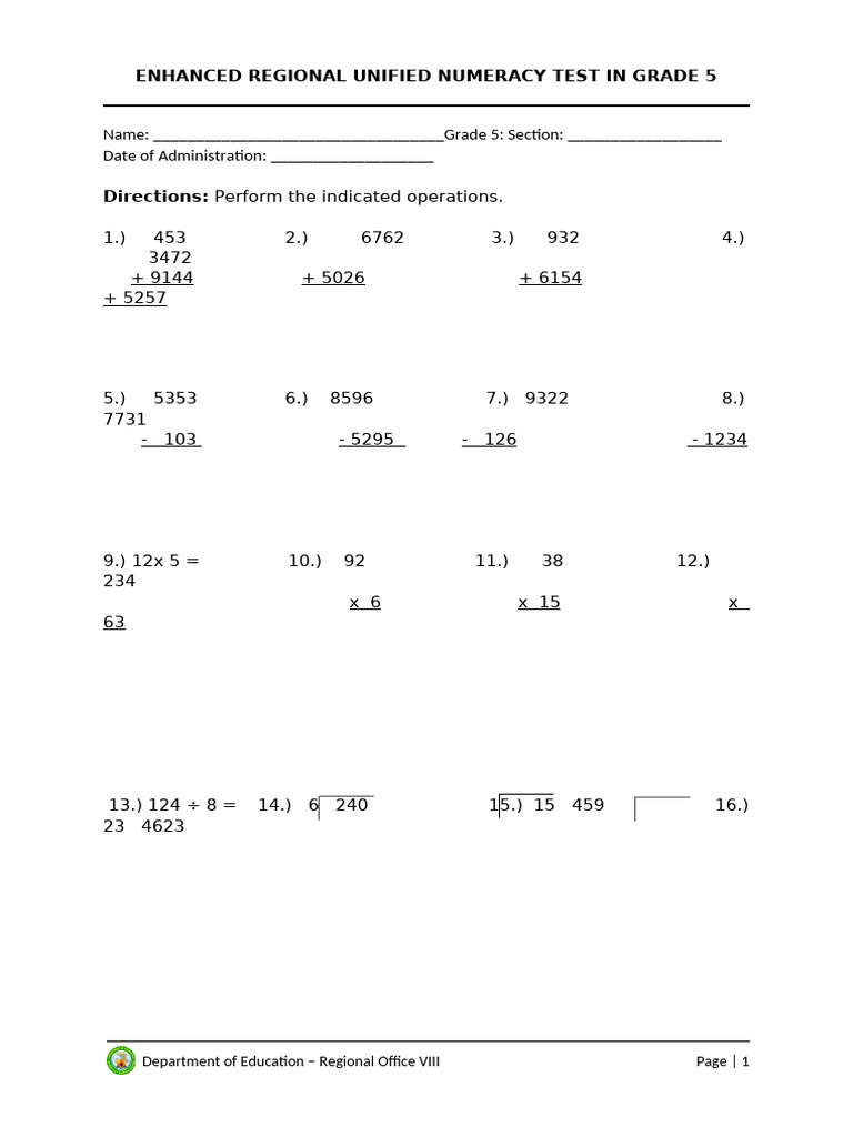 Grade 5 Numeracy Pre-Test | PDF