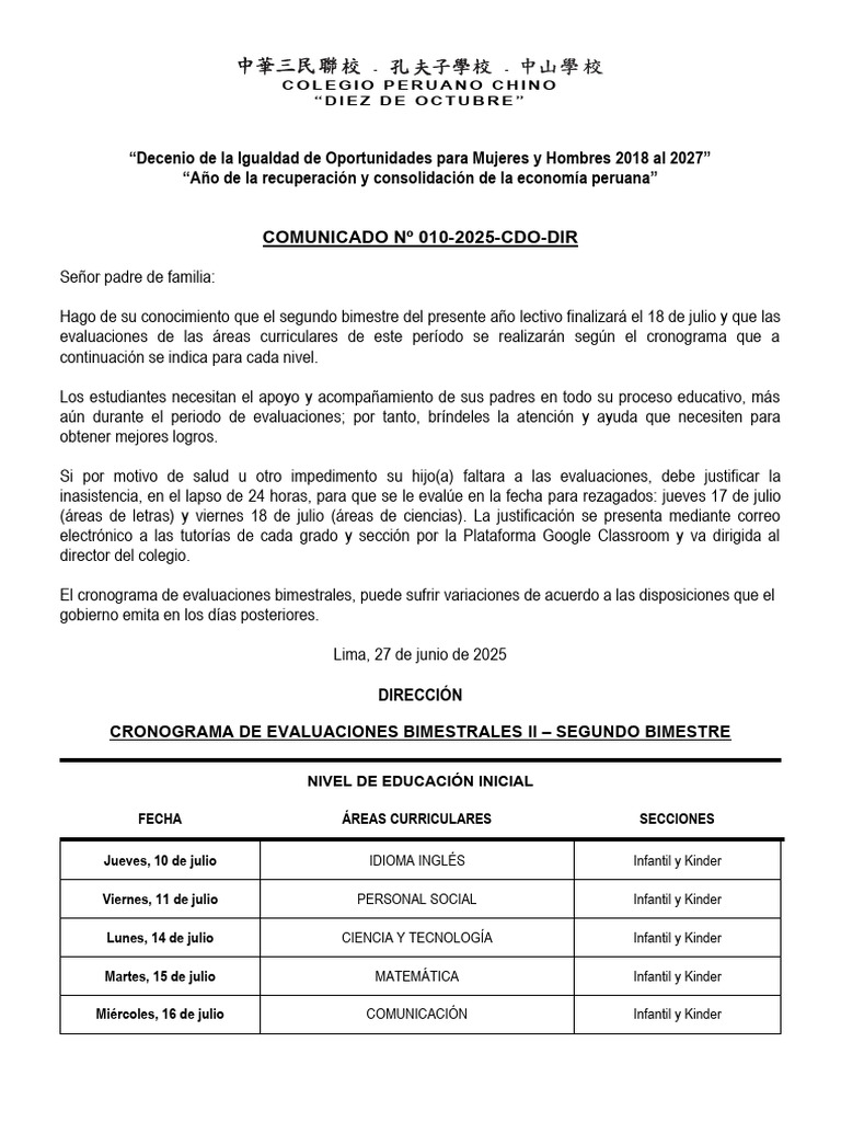 2025 - Comunicado 010-2025-Cdo-Dir Rol de Evaluaciones Bimestrales II | PDF | Educación de la ...