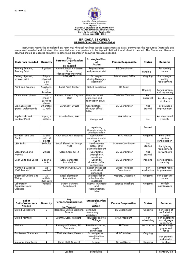 Brigada Eskwela Resource Mobilization Form | PDF