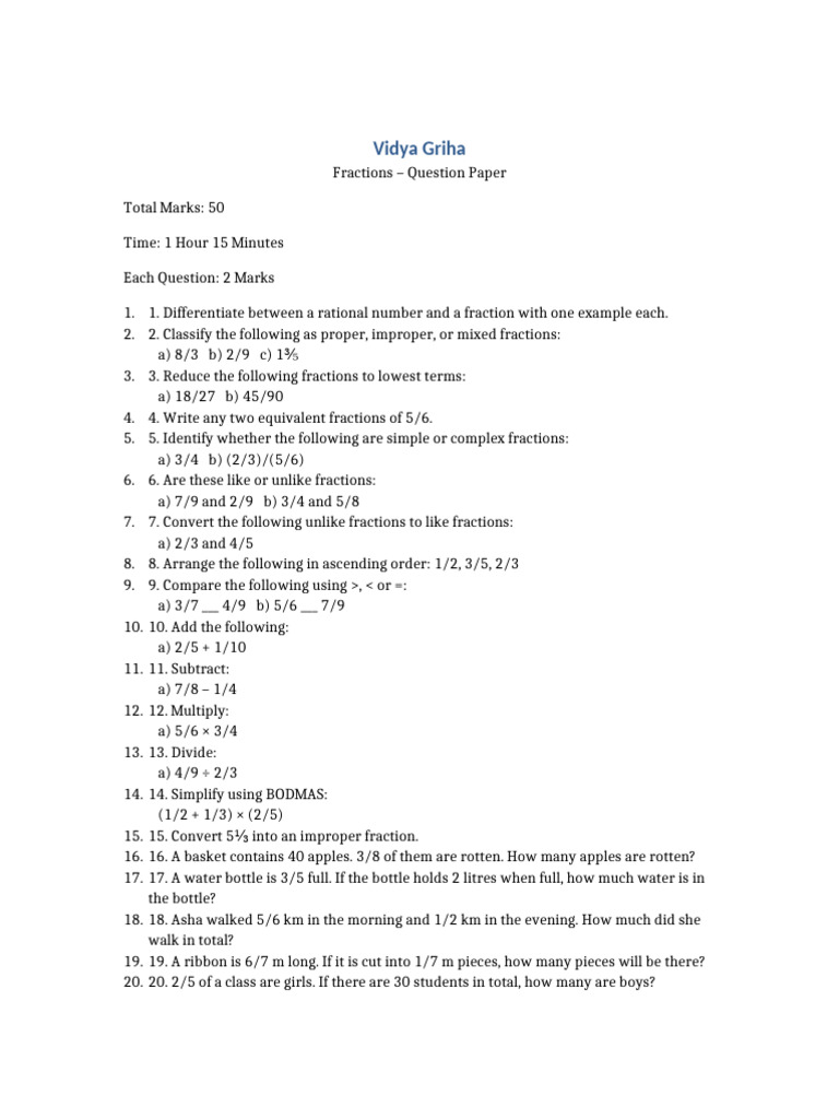 Fractions Question Paper VidyaGriha | PDF