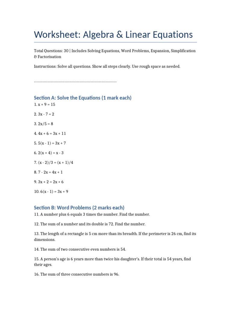 Algebra Worksheet: Linear Equations | PDF