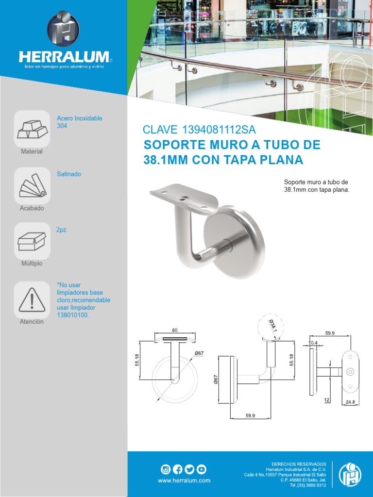 Soporte Muro A Tubo de 38.1Mm Con Tapa Plana: CLAVE 1394081112SA | PDF