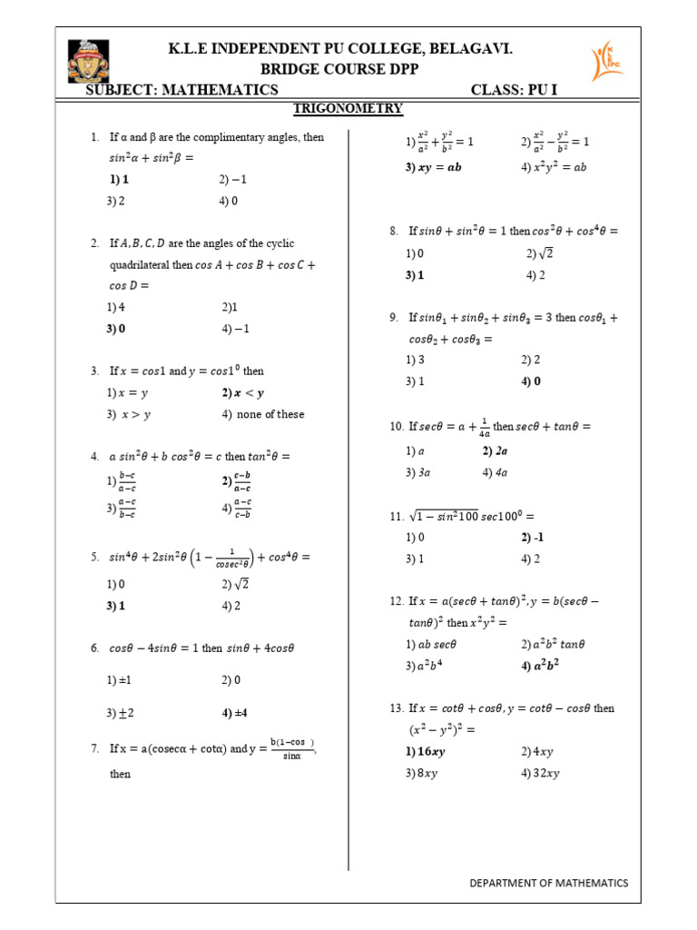 Bridge Course DPP - Trigonometry | PDF | Chess Theory | Chess