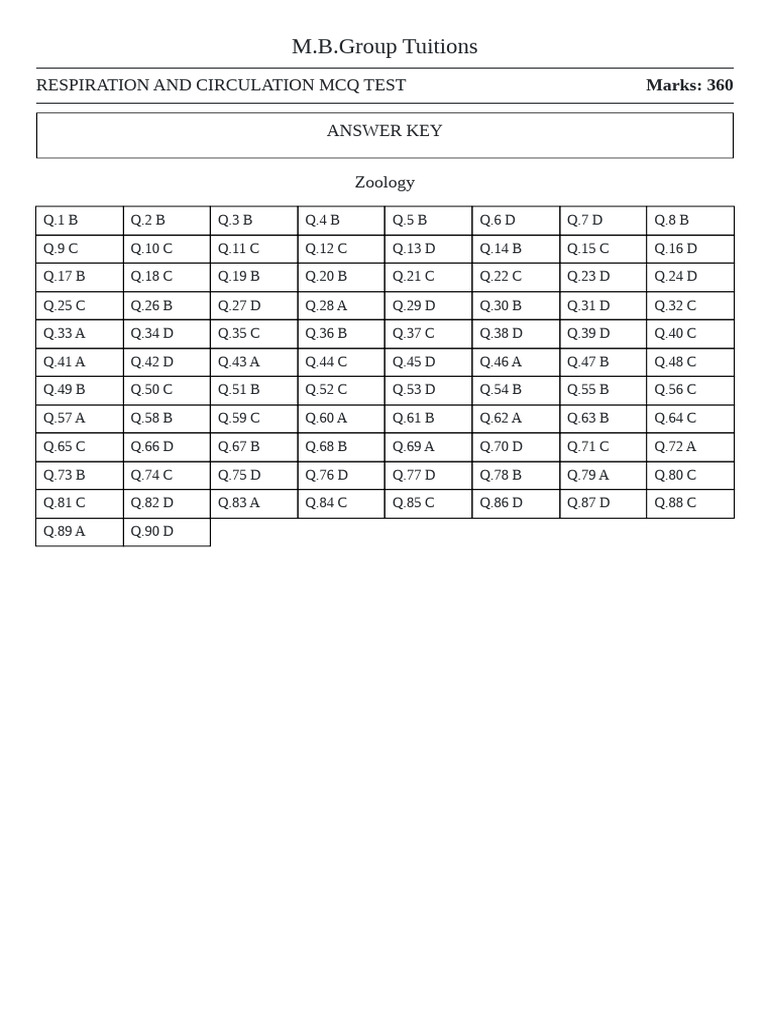 Respiration and Circulation MCQ Test Answer Paper | PDF | Respiratory ...