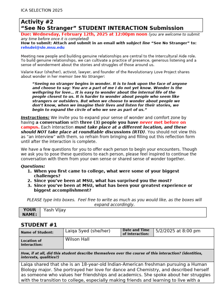 Student Interaction Reflection Form | PDF