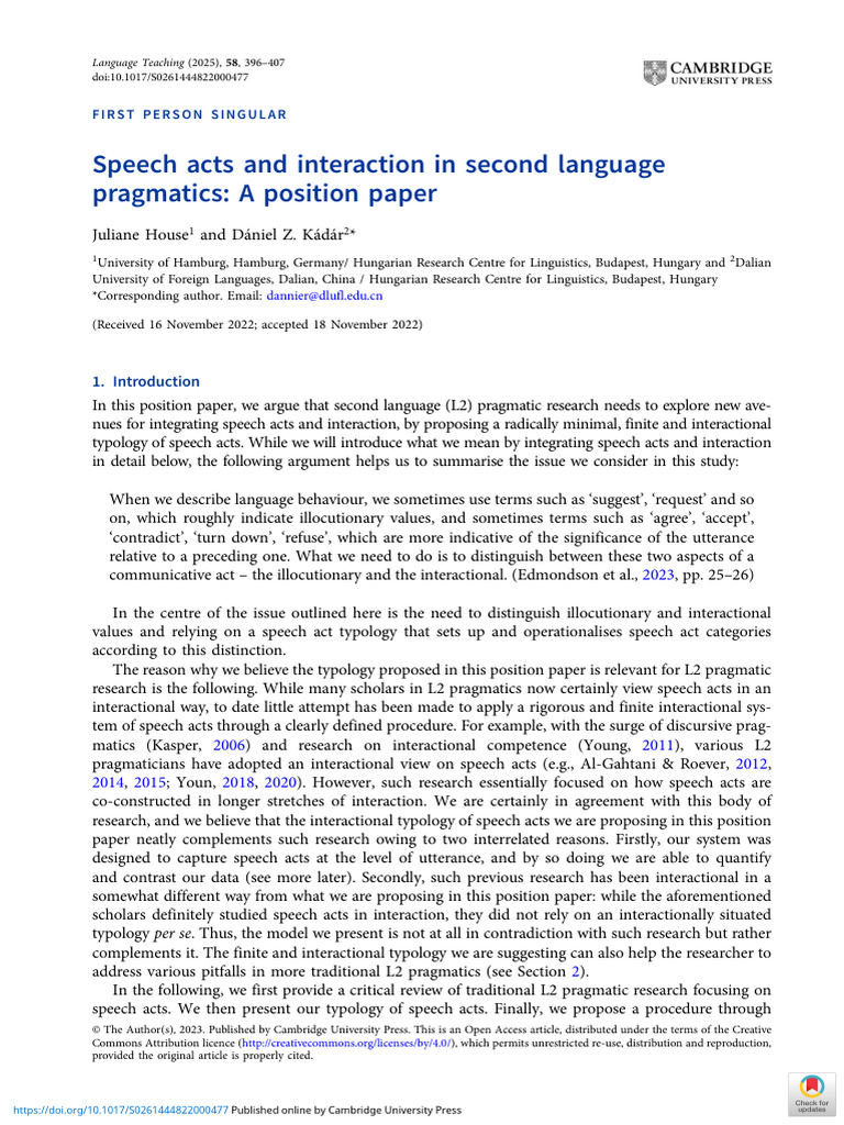 Speech Acts and Interaction in Second Language Pragmatics A Position ...