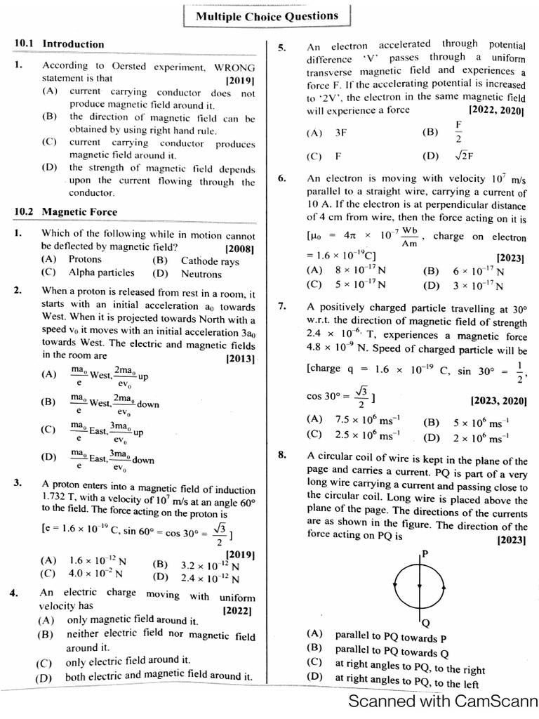 MCQs of Magnetic Fields Due To Electric Current | PDF